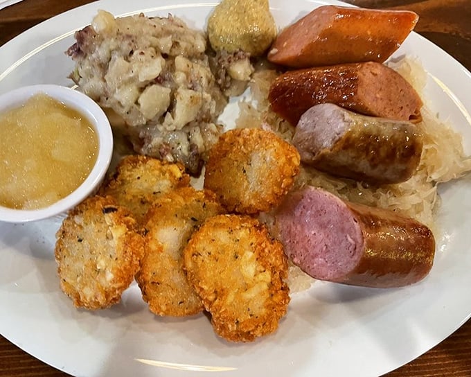 A sausage sampler that serves as both dinner and conversation piece. German potato salad and sauerkraut play essential supporting roles. 