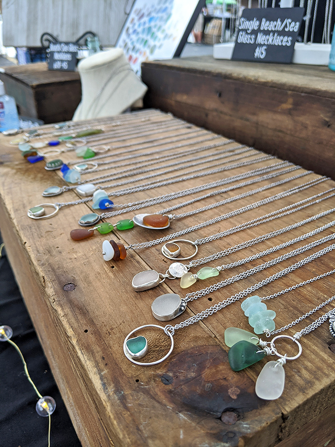 Ocean treasures transformed: Each sea glass necklace captures a fragment of wave-tumbled history, suspended in silver for a second life as wearable art.