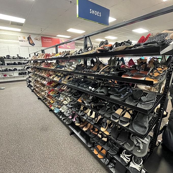The shoe section stretches farther than my willpower at a dessert buffet, with options ranging from barely-worn heels to well-loved sneakers.