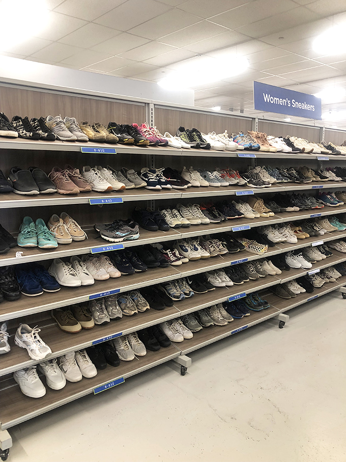 The women's sneaker section offers more options than a Netflix menu on a Friday night.