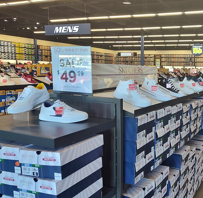 Skechers display that proves comfortable shoes don't have to look orthopedic. White sneakers so clean they're practically begging to be scuffed.