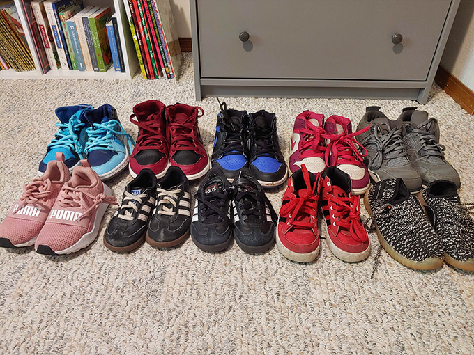 A rainbow of footwear possibilities arranged with military precision. Some barely worn, all ready for their second dance across Alaskan terrain.