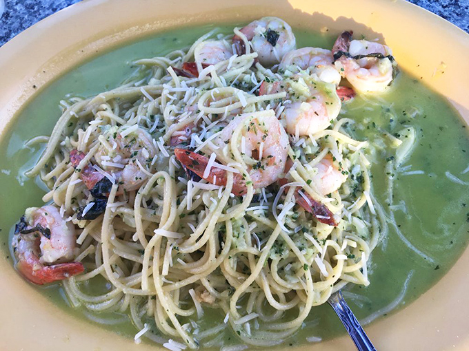 Pasta and shrimp swimming in a sea of green&mdash;a dish that makes you forget you came for the grouper sandwich.