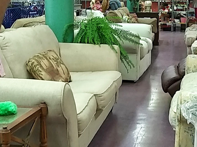 The sofa section resembles a living room showroom where cream-colored comfort meets Florida's unique interpretation of "slightly used."