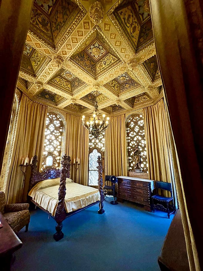 The Celestial Bedroom's golden ceiling might make sleeping difficult, but that's a small price to pay for feeling like royalty with excellent taste in drapery.