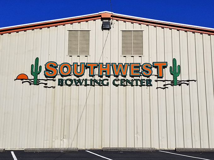 Southwest Bowling Center's desert-themed sign promises strikes, spares, and the satisfying thunder of pins falling&mdash;comfort food for the competitive soul.