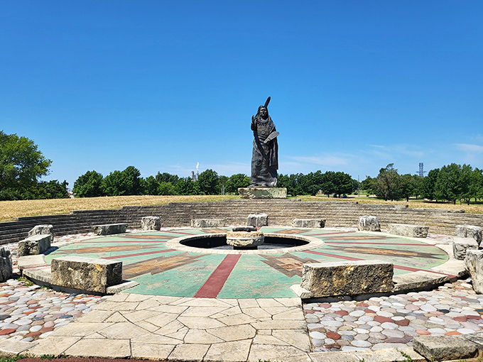Standing Bear Park's monument creates a powerful silhouette against Oklahoma's sky, a testament to Native American heritage that anchors the community's identity.