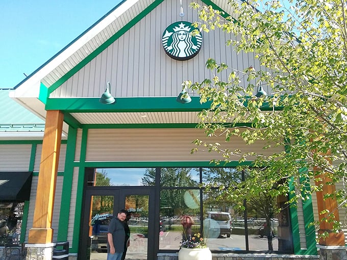 Even Starbucks gets the mountain lodge treatment here &ndash; your latte comes with a side of New England charm.