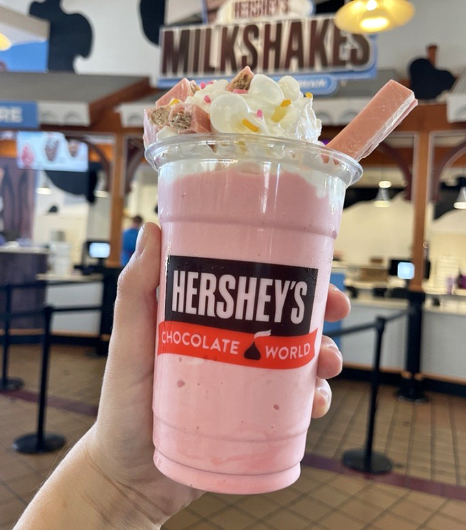 A strawberry milkshake so pink and perfect it looks like it was designed by someone who understood exactly what joy should taste like.