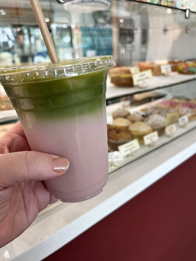 This matcha-topped beverage is having an identity crisis in the best possible way. The pink-to-green gradient is as photogenic as it is delicious.