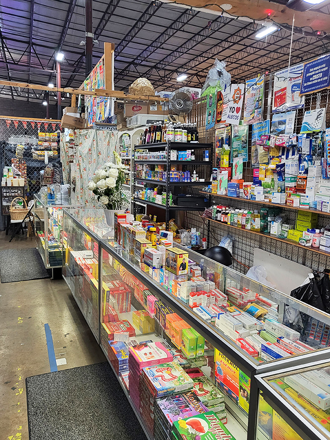 A pharmacy of possibilities! This vendor's meticulous arrangement of health products proves organization is an art form, even at a flea market.