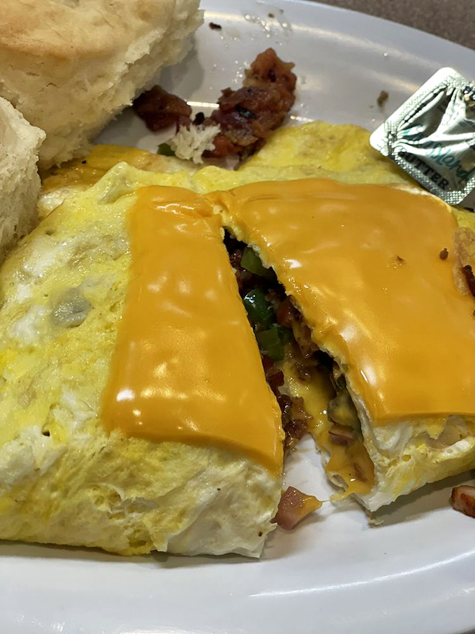This loaded omelet packed with fillings demonstrates the kitchen's commitment to generosity and their complete rejection of the concept of restraint.