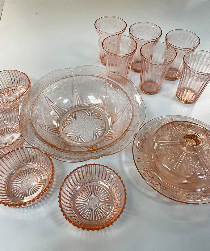 Depression glass in delicate pink hues&mdash;grandmother-approved tableware that makes even takeout feel fancy. Sunday dinner just got a nostalgic upgrade.