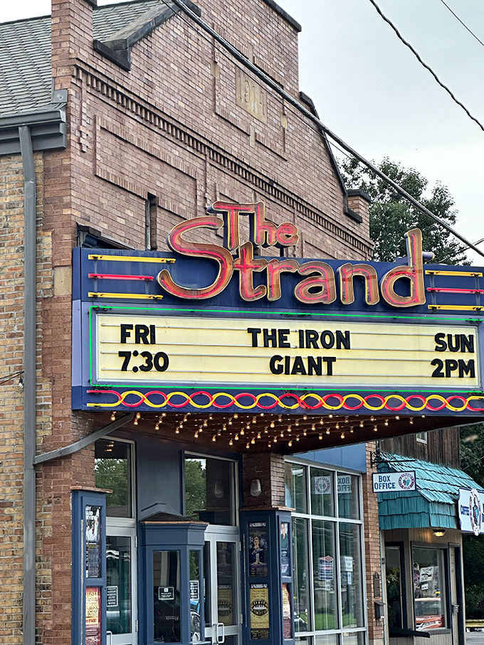 The Strand Theater's neon marquee lights up downtown with nostalgic charm. Movies here cost less than a big city parking meter!