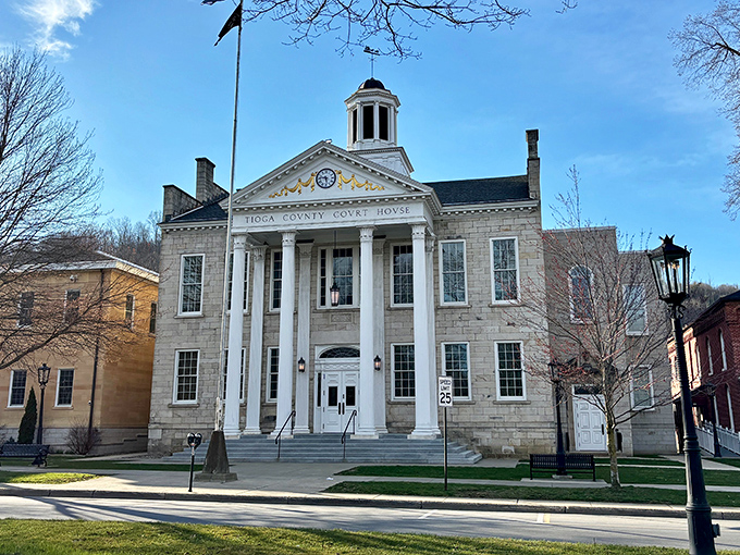 The Tioga County Courthouse stands regally on the town square, its columns and clock tower practically demanding you straighten your posture as you walk by.