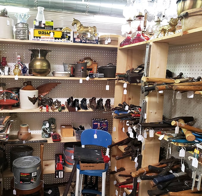 Antique tools displayed museum-style, reminding us when craftsmanship meant something and warranties were just built-in quality instead.