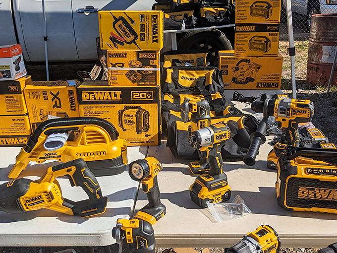 The yellow army of DeWalt tools stands ready for recruitment into your garage&mdash;power tools that promise weekend projects finally completed.