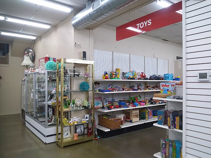 The clothing department stretches impressively under wooden beams, with enough variety to outfit everyone from job interviews to weekend adventures.