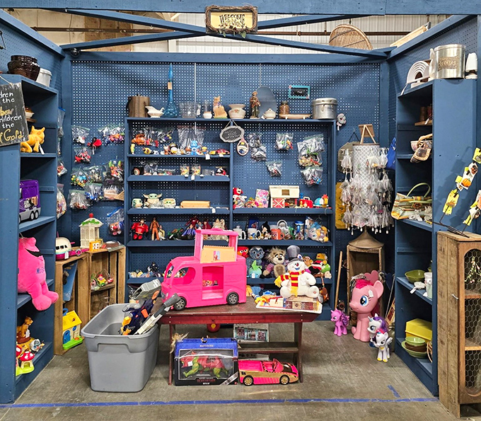 A toy booth that's basically a time machine to Saturday mornings past. That pink truck probably hauled many a Barbie to imaginary beach parties.