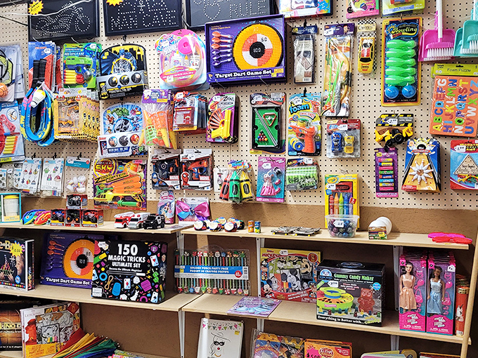 A pegboard paradise of childhood joy. These toys aren't algorithmically recommended&mdash;they're personally selected by vendors who know what makes kids' eyes light up.