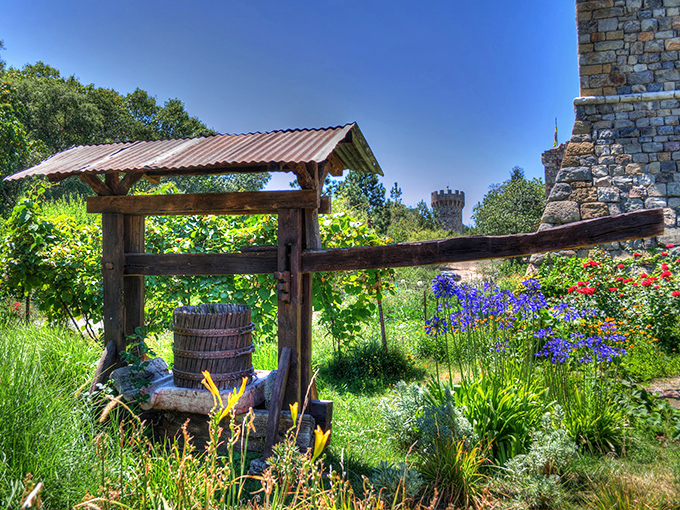 A traditional wine press surrounded by wildflowers and castle views. Suddenly your backyard garden seems woefully inadequate.