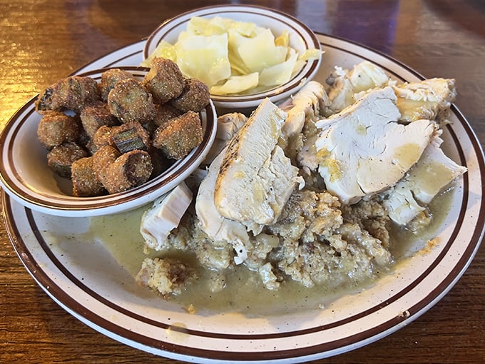 Turkey and dressing that doesn't wait for Thanksgiving, with cornbread crumbles that would make your grandma secretly jealous.