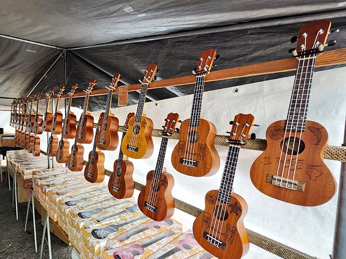 Ukuleles line the wall like wooden soldiers, each waiting for someone to take them home and butcher "Somewhere Over the Rainbow."