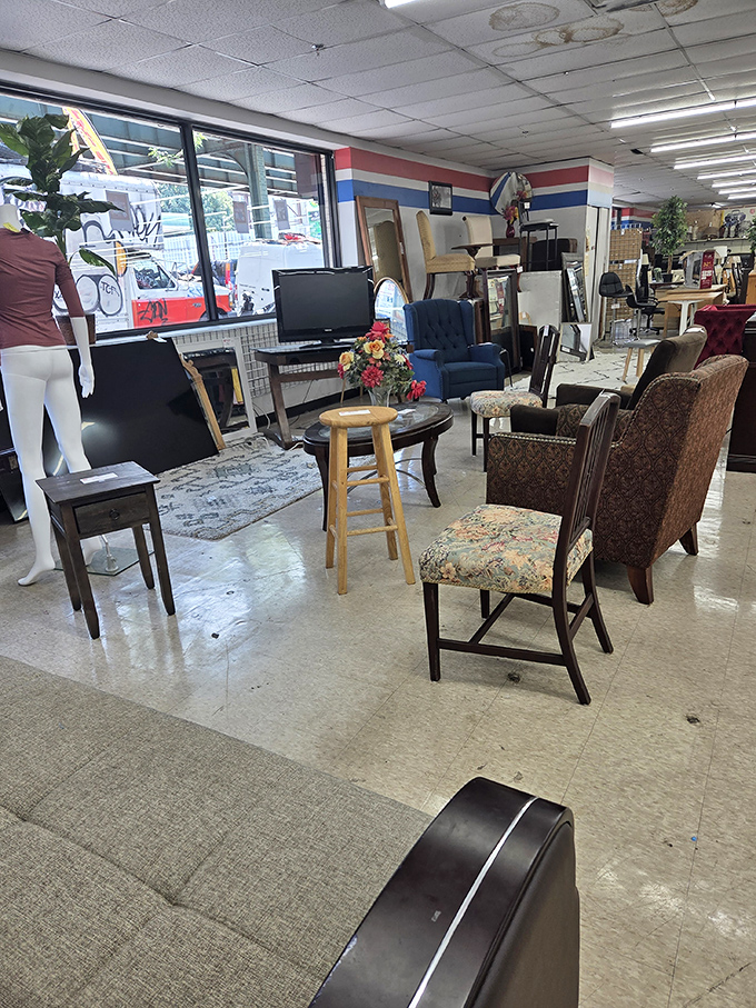 The furniture section resembles a living room party where chairs from different centuries mingle, sharing tales of the posteriors they've supported.