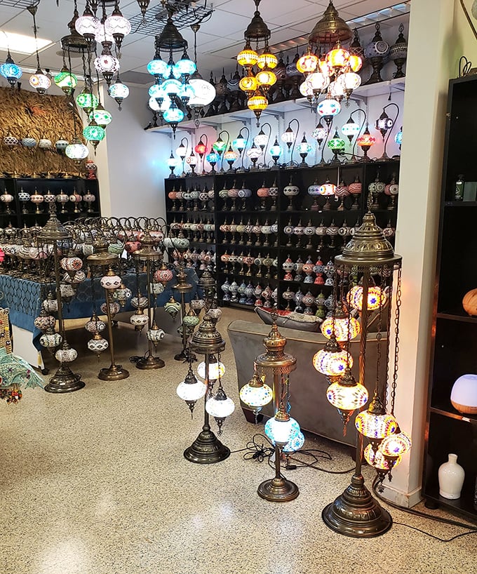 A mesmerizing galaxy of handcrafted lamps creates an unexpected oasis of artistry. Each colorful glass piece tells a different story.