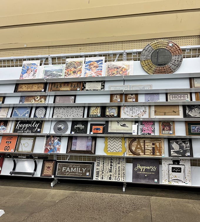 The wall of inspirational art: where "Live, Laugh, Love" meets "It's Wine O'Clock Somewhere" in a symphony of suburban philosophy.