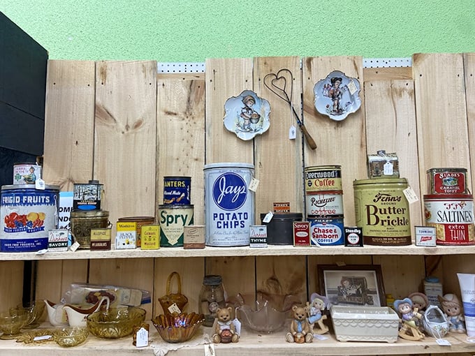 Vintage advertising tins line up like soldiers of nostalgia, each one a portal to grandma's pantry and simpler shopping days.