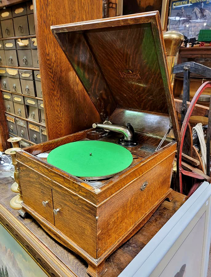 Before Spotify, there was this beauty. This vintage phonograph reminds us that good music never needed batteries or Wi-Fi.