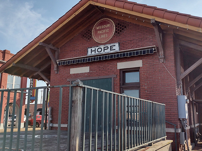 The old Missouri Pacific depot preserves railroad history when Hope served as a junction connecting people before airlines made everywhere feel identical.