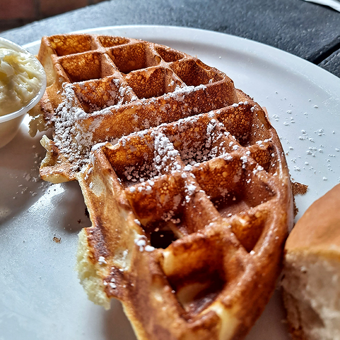 That waffle's golden perfection and powdered sugar dusting could make even the strictest low-carb dieter seriously reconsider.