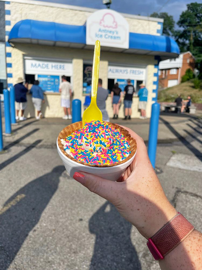 Sprinkles cascade like colorful rain on a waffle bowl masterpiece worth the inevitable brain freeze.