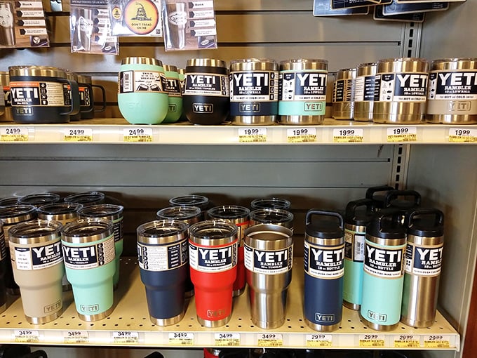YETI drinkware in every color imaginable, because apparently hydration has become a lifestyle choice requiring significant financial investment now.