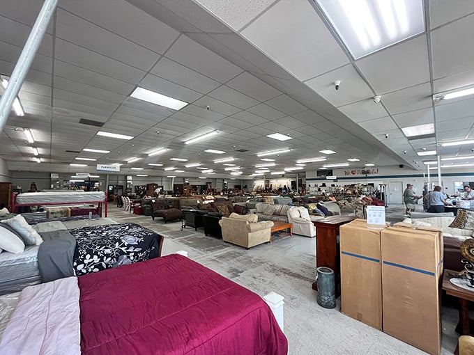 The furniture showroom stretches into the horizon, a sea of seating possibilities where your perfect match is hiding somewhere between beige and floral.