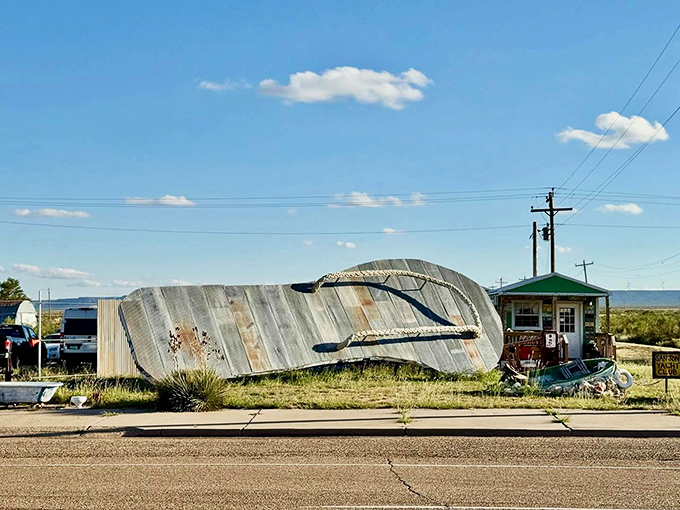 From this angle, you can appreciate how the massive sandal dominates the landscape, making everything else look like dollhouse furniture by comparison.