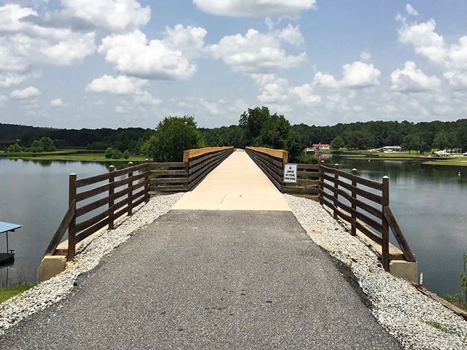 The pedestrian bridge invites visitors to stroll across calm waters, promising adventure on the other side.