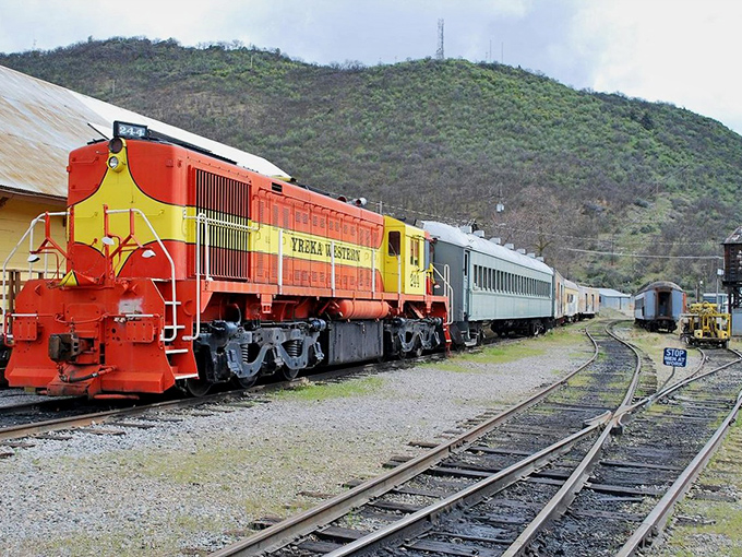 The vibrant Yreka Western Railroad locomotive stands as a colorful reminder of the town's transportation history and enduring connection to its past.