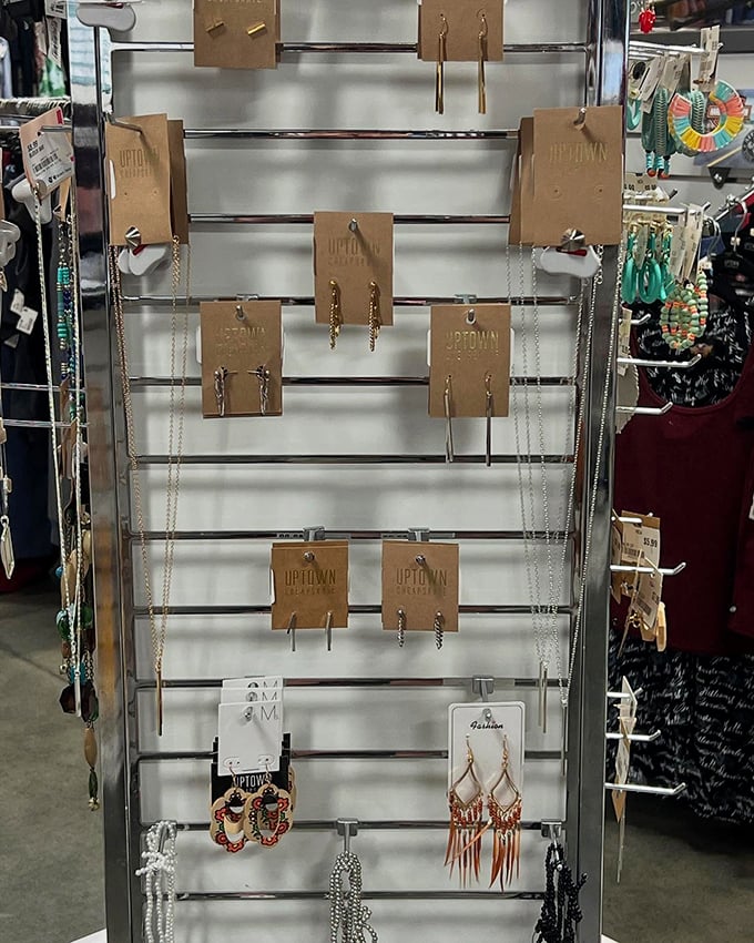 Jewelry display that proves accessories are the exclamation points of fashion! These earrings and necklaces add personality without subtracting much cash.