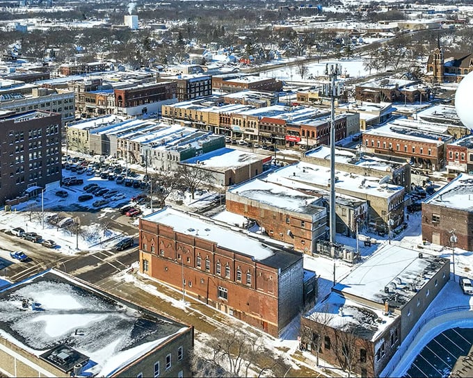 From this bird's eye view, Albert Lea reveals itself as a perfectly proportioned small town nestled between glistening frozen lakes.
