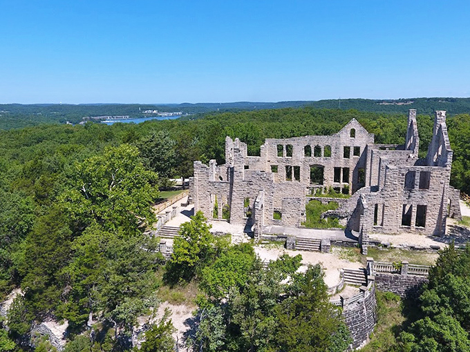 Missouri's answer to Neuschwanstein. From above, the castle ruins reveal their perfect positioning&mdash;real estate is all about location! 