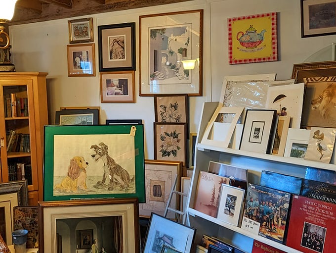 Wall-to-wall inspiration for the art lover. That perfect piece for your empty wall is hiding somewhere in this delightful jumble.