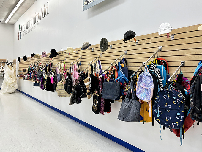 The bag wall: a textile timeline of America's carrying preferences. From sensible totes to wildly impractical purses, all waiting for their next adventure.