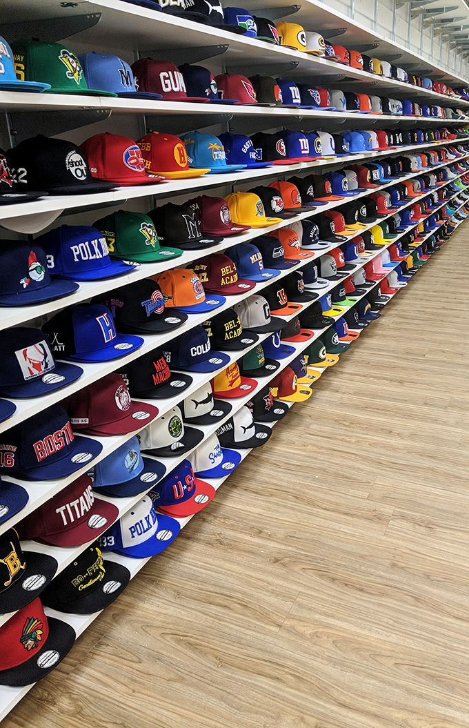 Sports fan paradise! Enough team caps to start your own league or simply confuse everyone about which team you actually support.