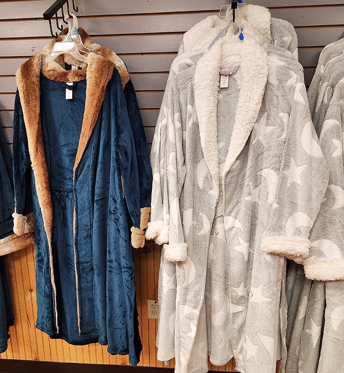 Plush bathrobes with fur collars promise cozy evenings, hanging like luxurious flags of comfort and leisure.