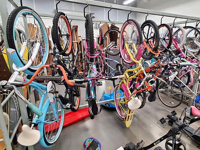 Bicycles suspended in mid-air create a kaleidoscope of wheels and frames&mdash;a two-wheeled traffic jam of possibilities.
