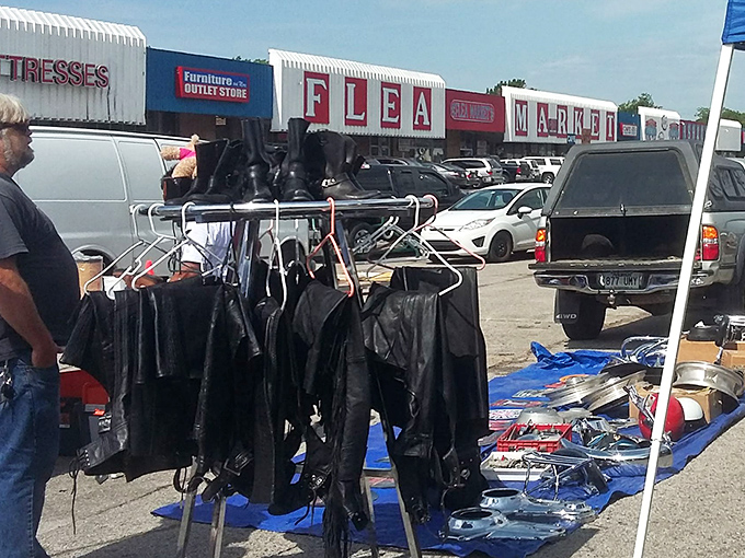 Leather jacket central! Each one silently promises to make you look cooler than you actually are, regardless of your age or motorcycle ownership.