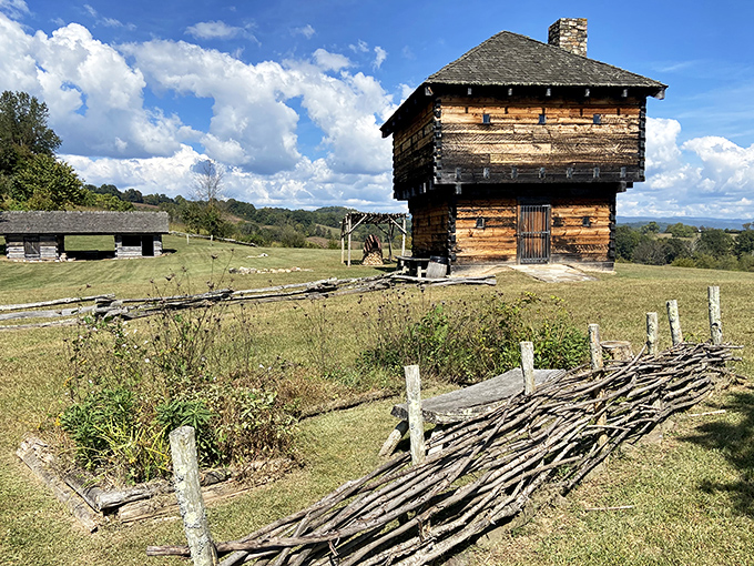 This frontier blockhouse stands as a rugged reminder of early American life. No Wi-Fi, but excellent security features for the 1700s. 